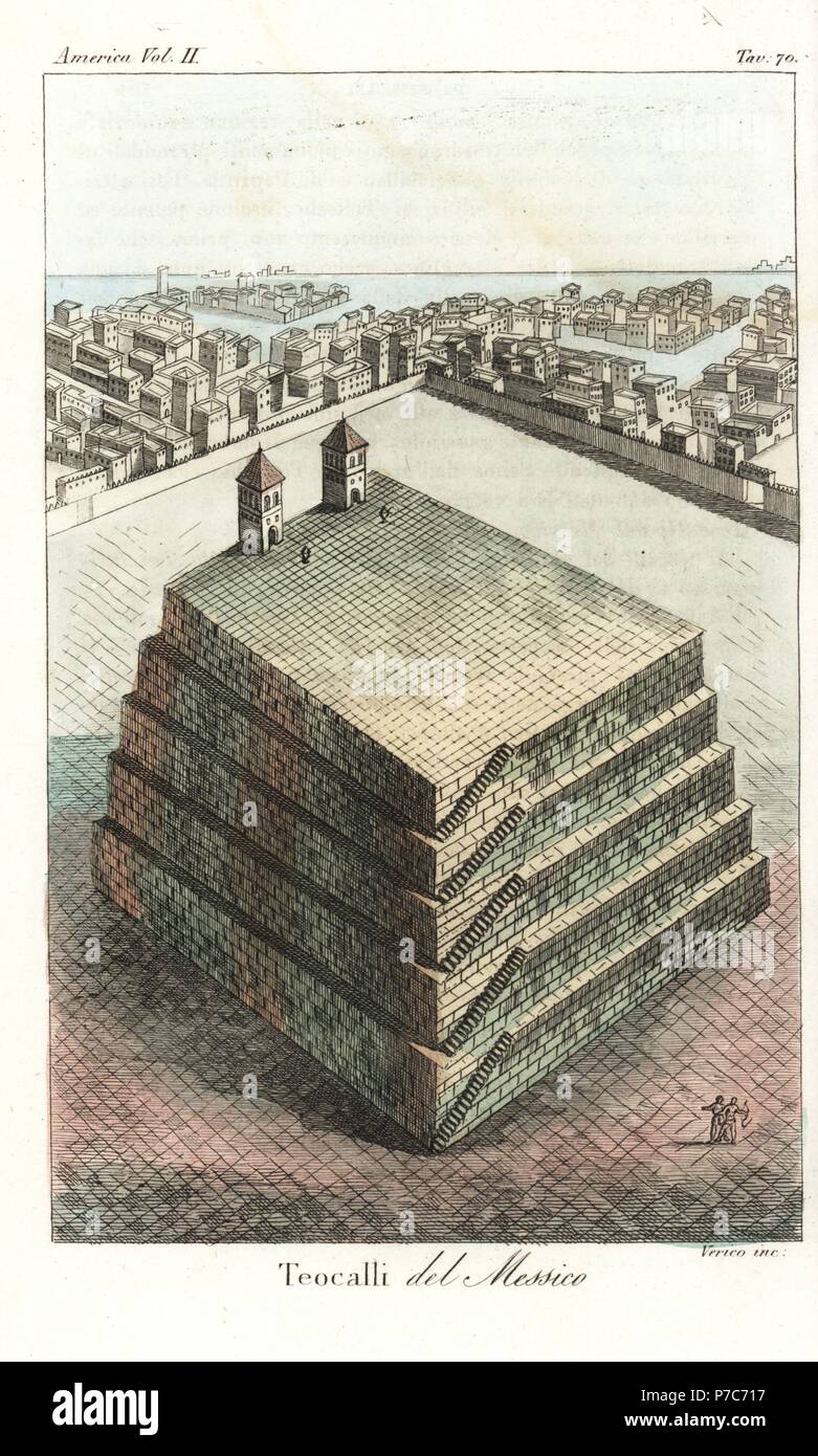 Teocalli temple pyramid of the Aztecs, Mexico city. Handcoloured ...