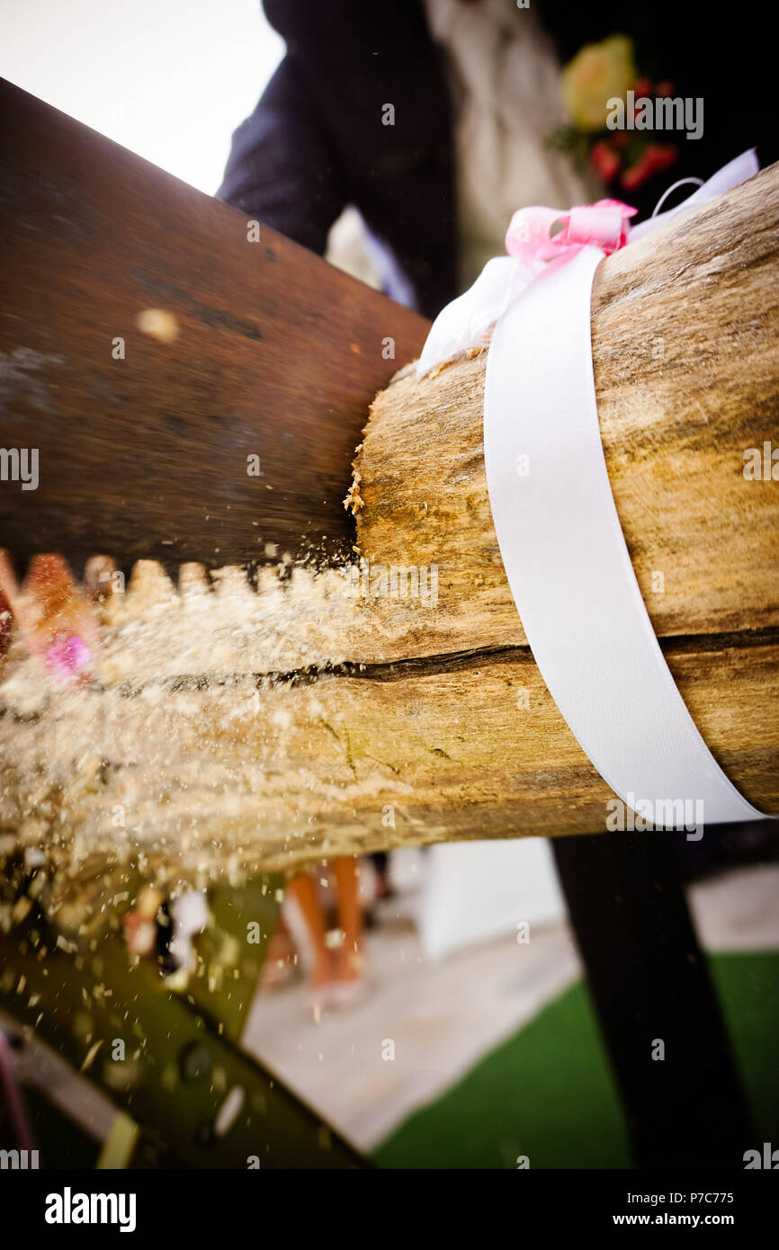 Bride and groom cutting wood log on wedding Stock Photo - Alamy