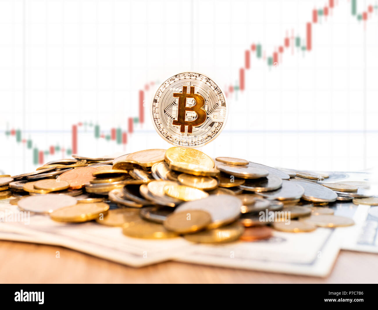 Bitcoins and New Virtual money concept.Gold bitcoins with Candle stick ...