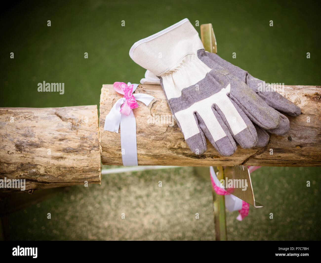 Bride and groom cutting wood log on wedding Stock Photo - Alamy