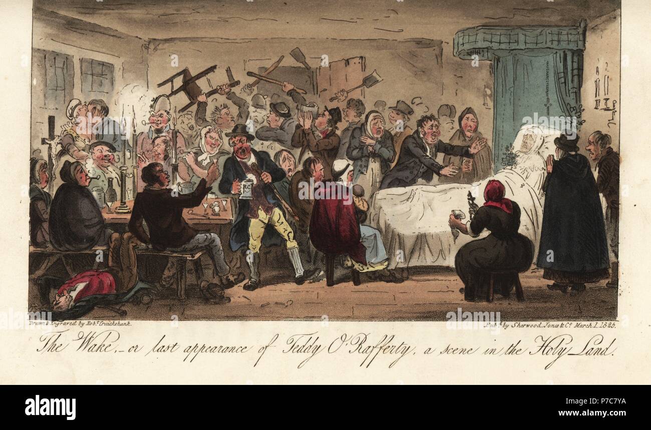 A drunken brawl at an Irish wake in St. Giles slum. The Wake, or last ...