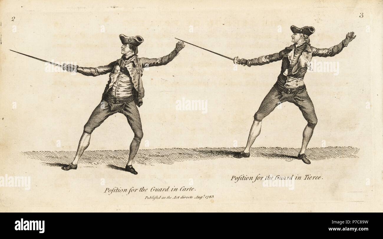 Gentlemen fencers in the position for the Guard in Carte, and position ...