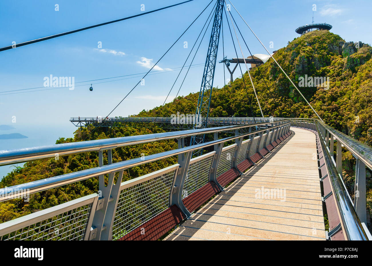 A stroll on the curved pedestrian suspended bridge, the single-pylon ...