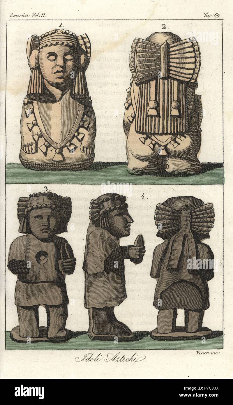 Busts of sacred idols of the Aztecs, Mexico. Kneeling idol ...