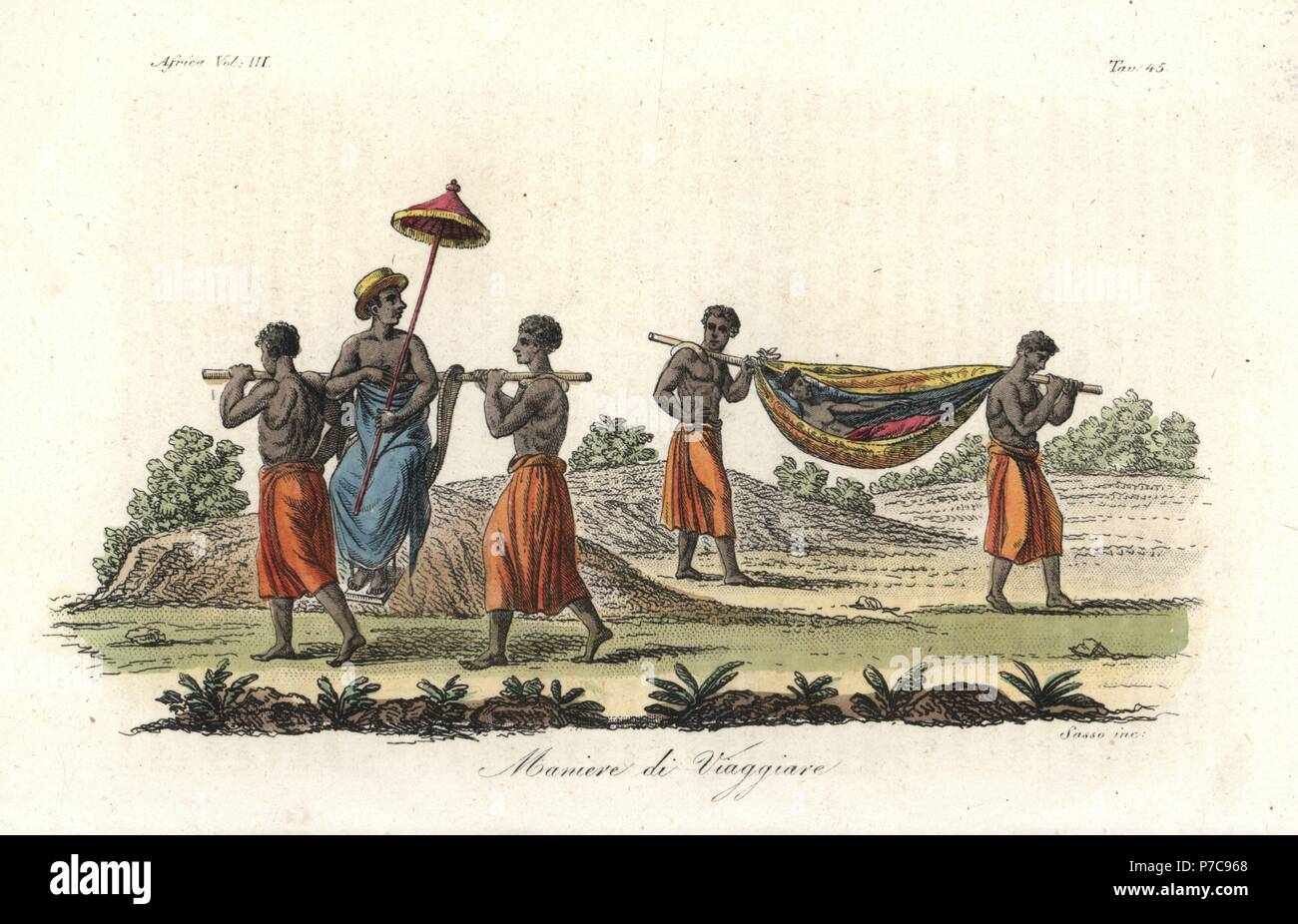 Methods of travel in the Kingdom of Kongo (Congo): man in sedan chair ...