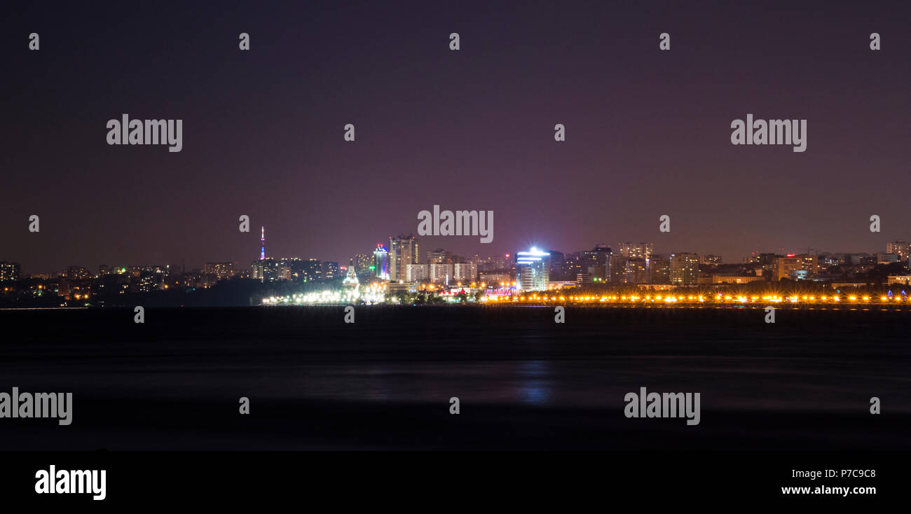 Volga river embankment at night in Samara, Russia. Panoramic view of ...