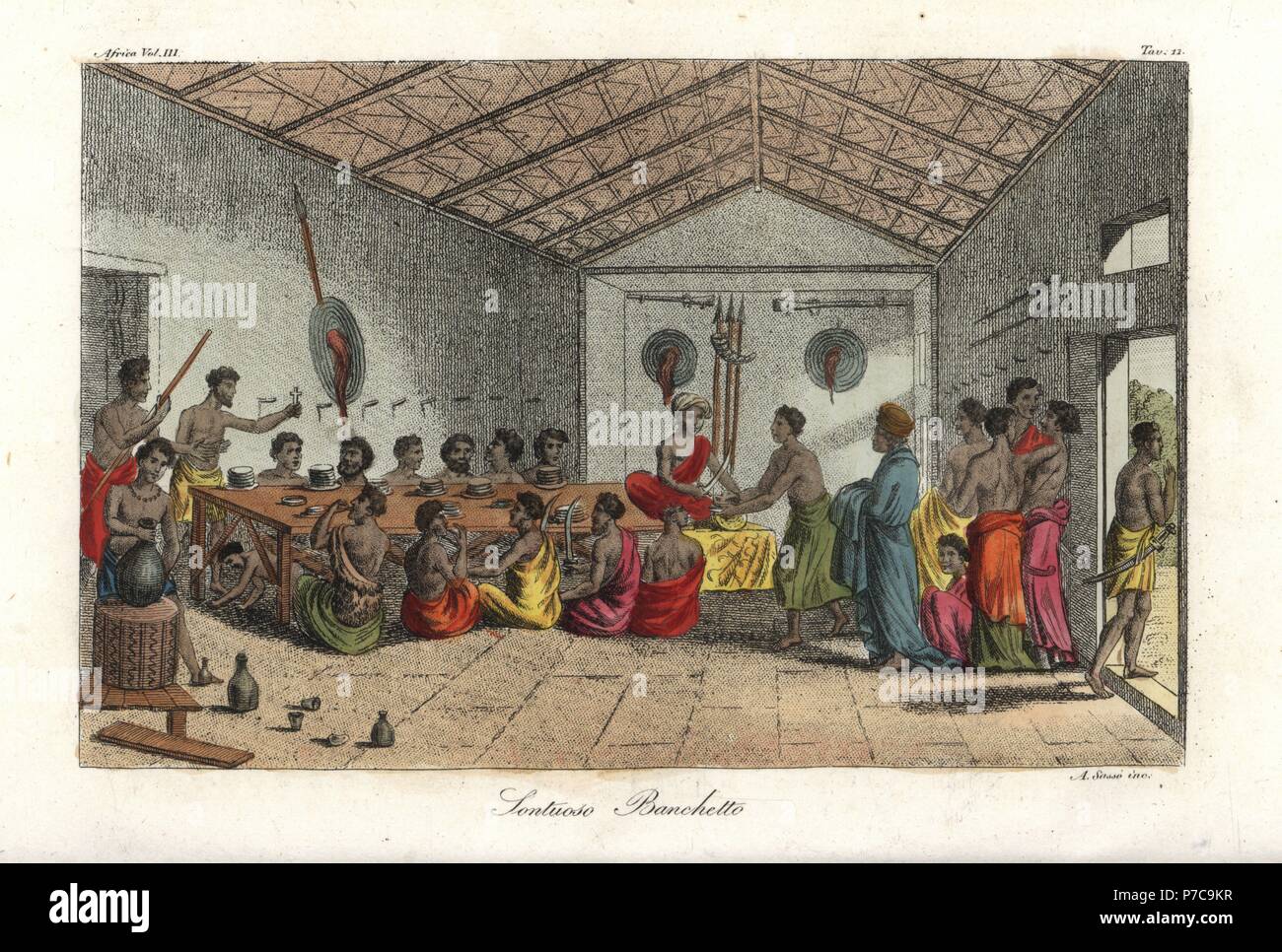 Sumptuous banquet in Abyssinia. A man seated on a sofa serves his ...