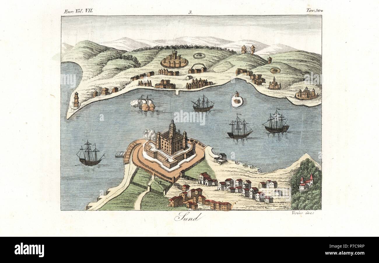 The port city of Lund, Sweden, early 19th century. Handcoloured ...