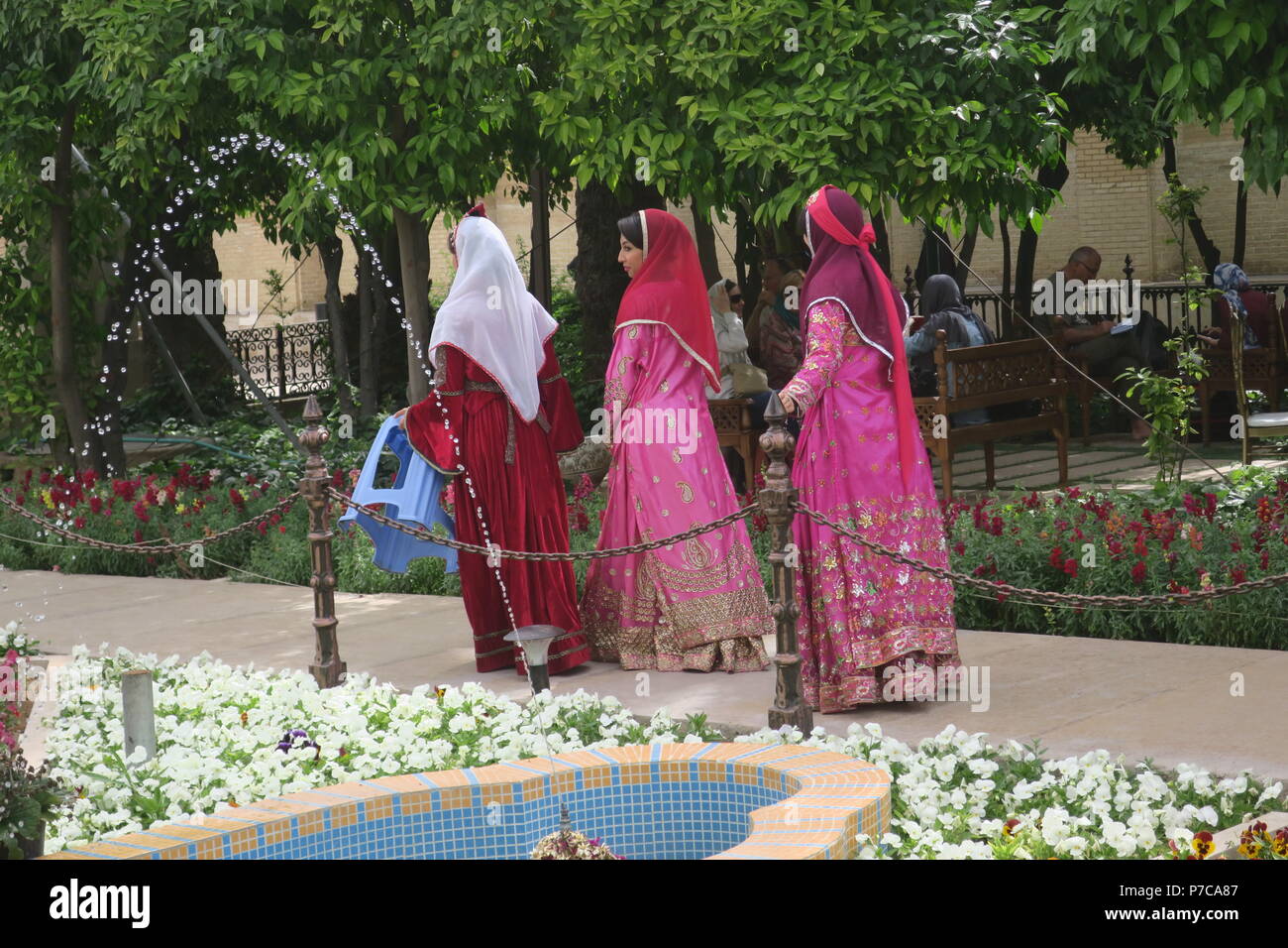 Nice young woman, dressed in rose-coloured national iranian costume ...