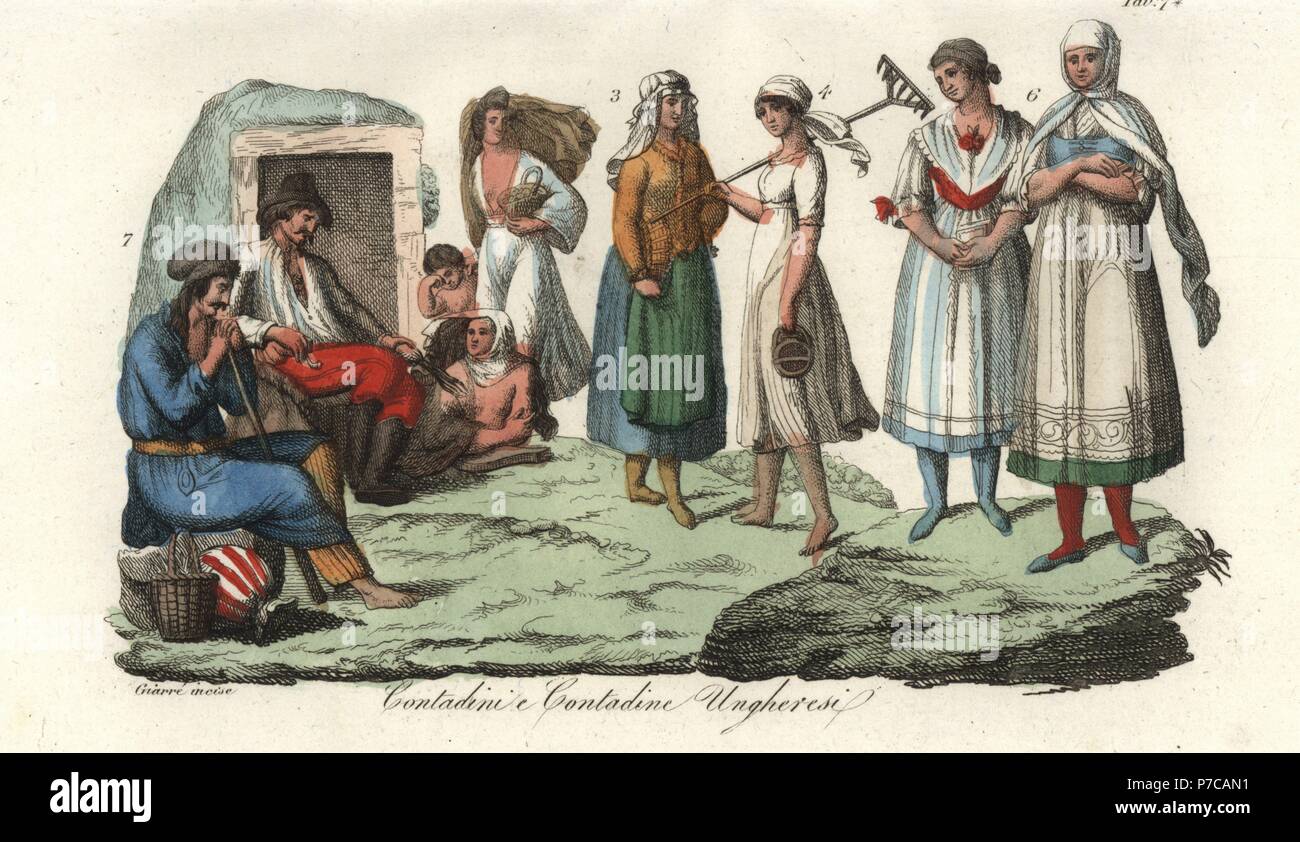 Costumes of Hungarian peasantry, 18th century. Handcoloured copperplate ...