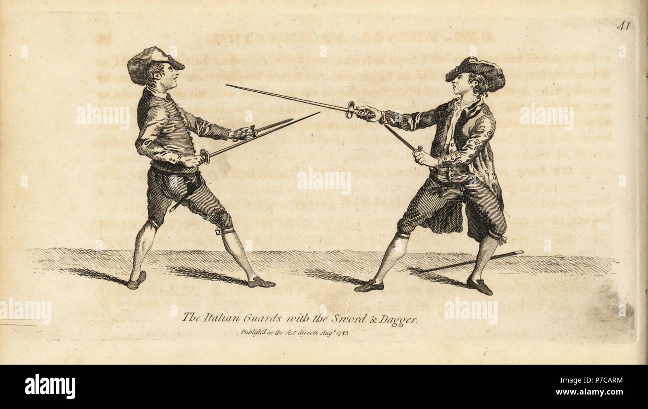 Gentlemen fencers in the Italian Guard position fighting with sword and ...