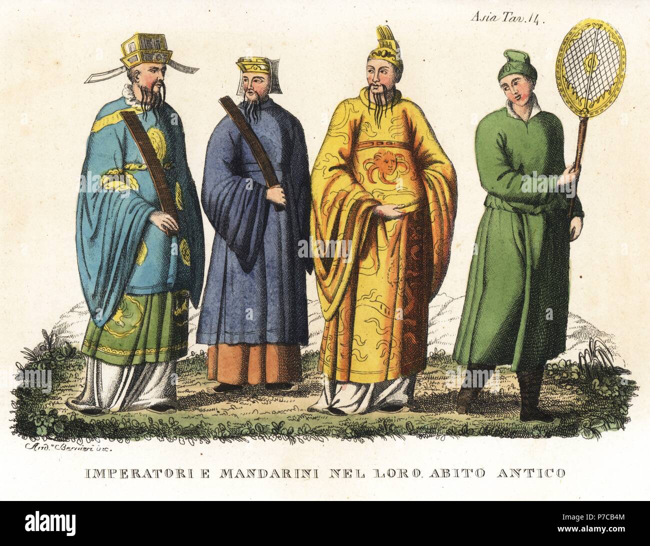 Chinese emperor and mandarins in ancient dress. Handcoloured ...