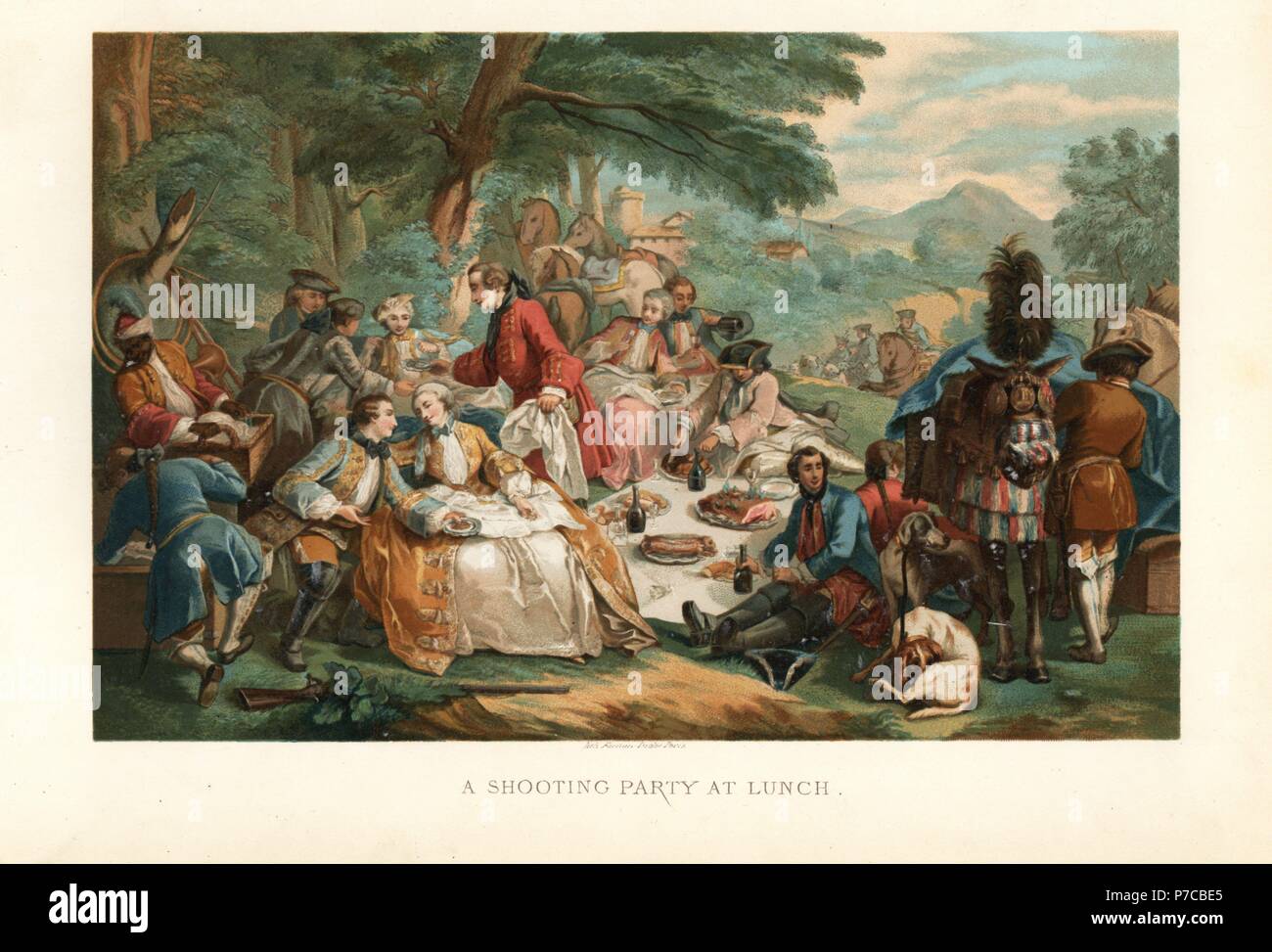 Fashionable society enjoying a picnic lunch during a shooting party ...