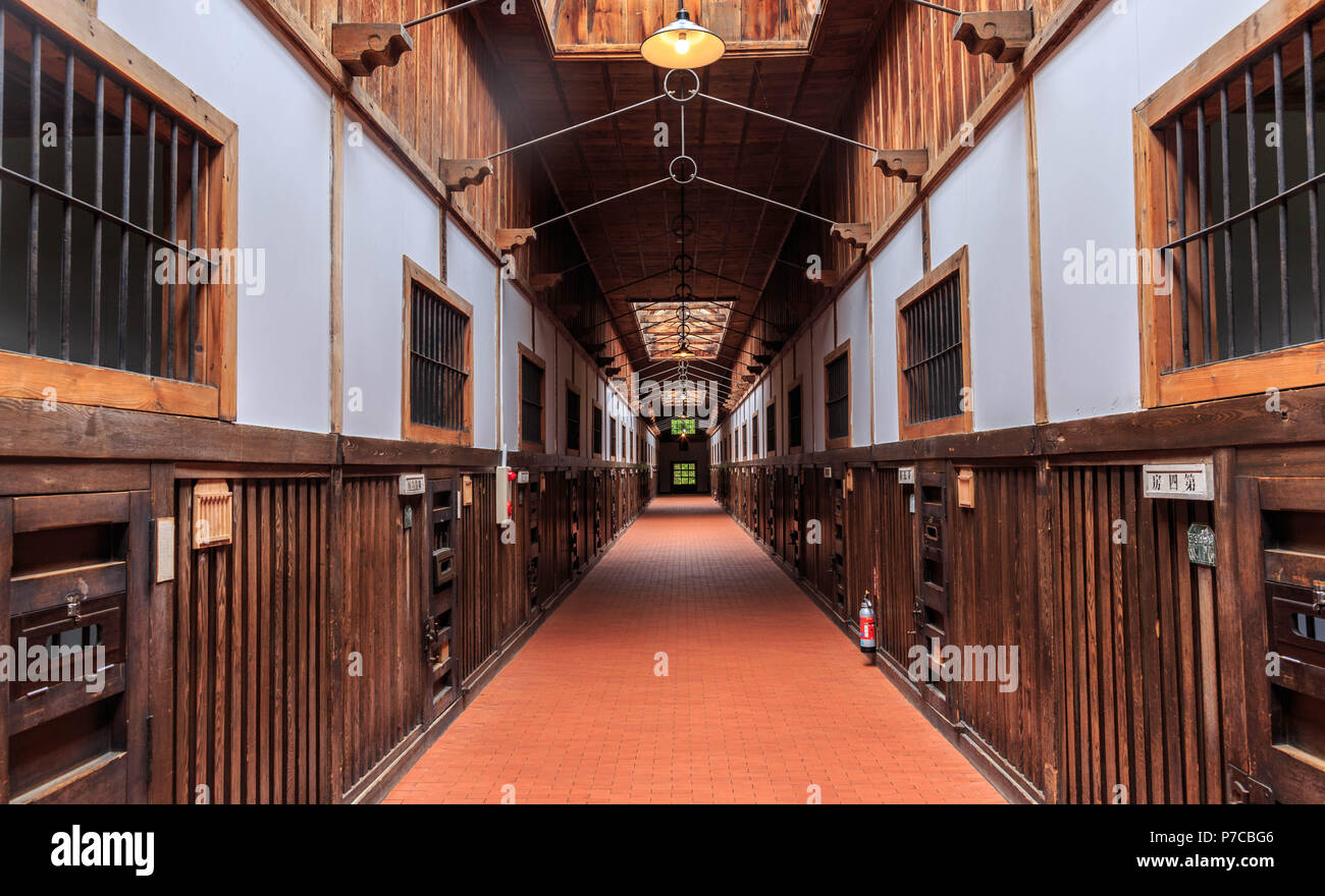 Hokkaido, Japan - August 3, 2017: Restored corridor with wooden cells ...