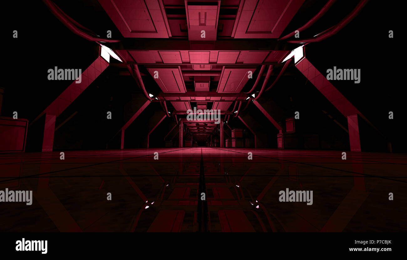 Abstract Red Sci Fi Futuristic Interior Design Corridor.3D Rendering ...
