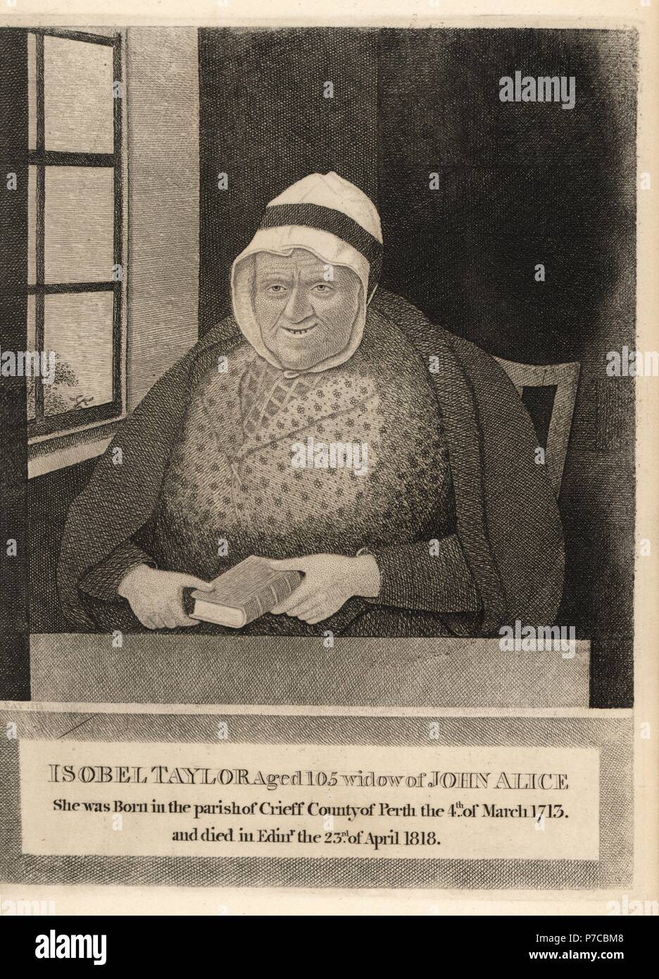 Isobel Taylor, old widow Ellis, lived to the age of 105. Copperplate ...