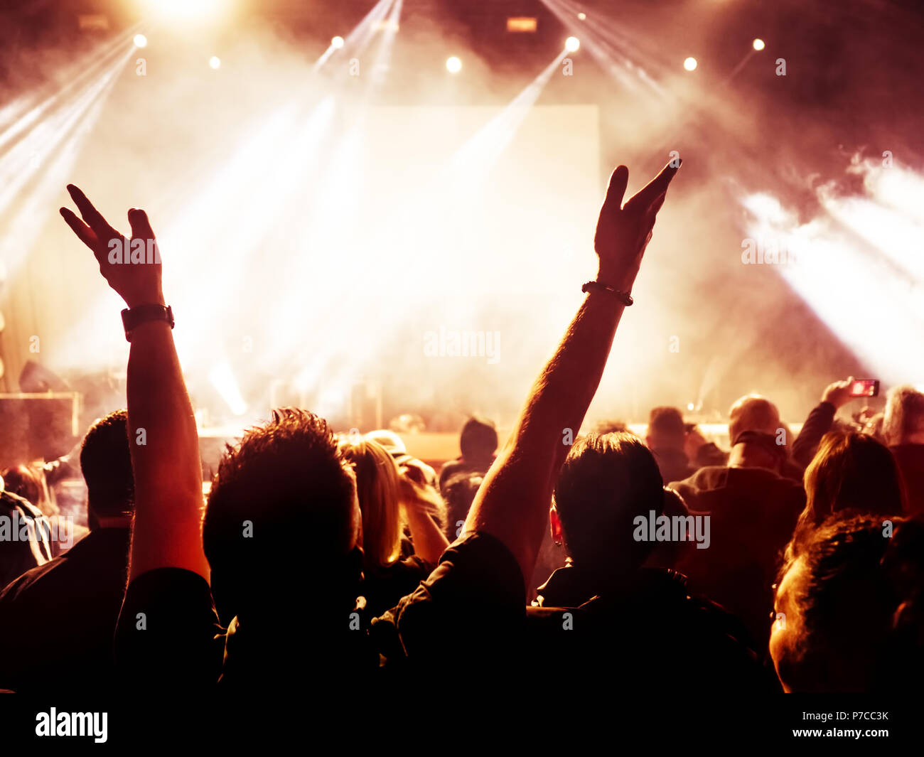 cheering crowd at rock concert in front of bright lights Stock Photo ...