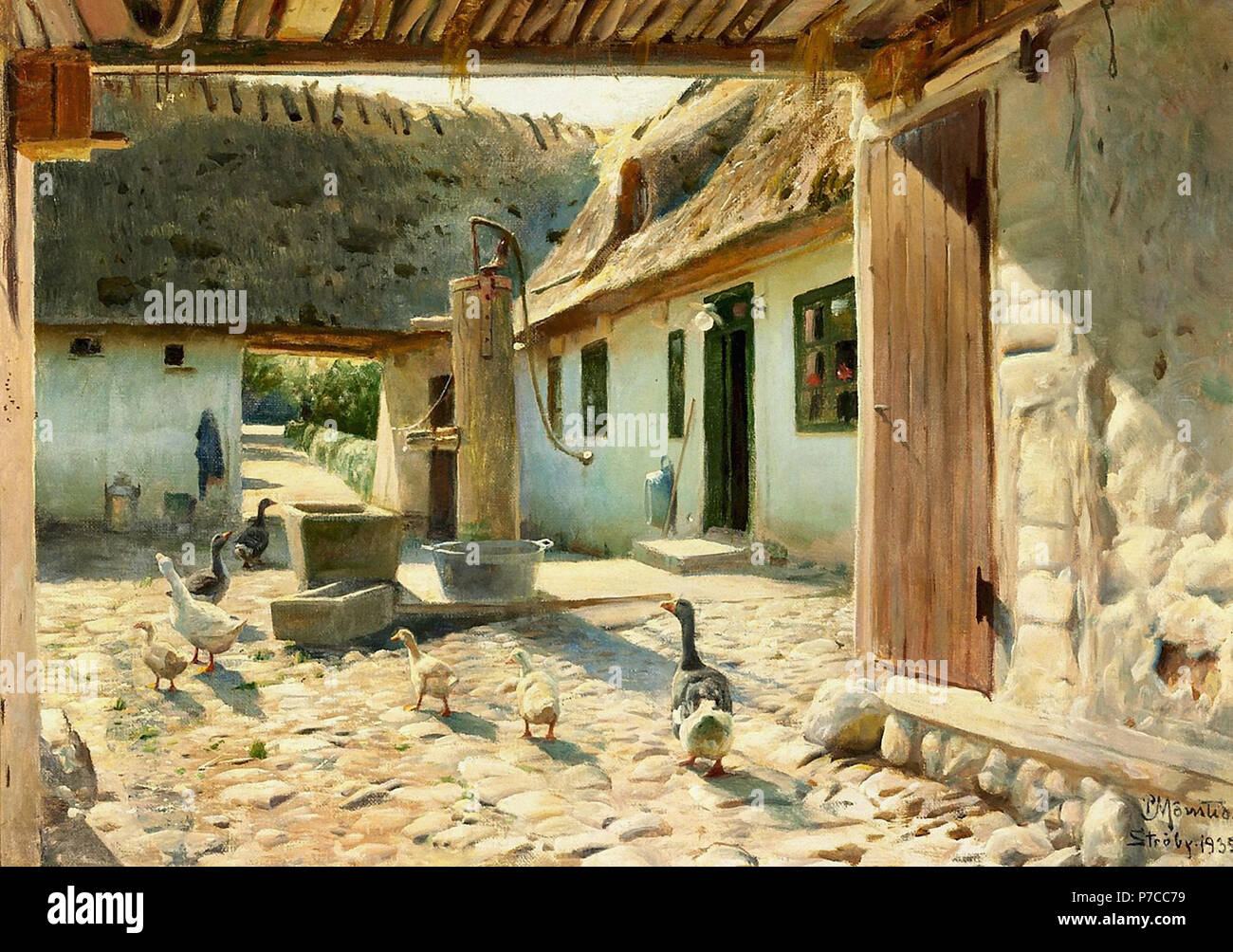 Monsted Peder Mork - Summer Day with Geese in a Cobbled Farmyard Stock ...