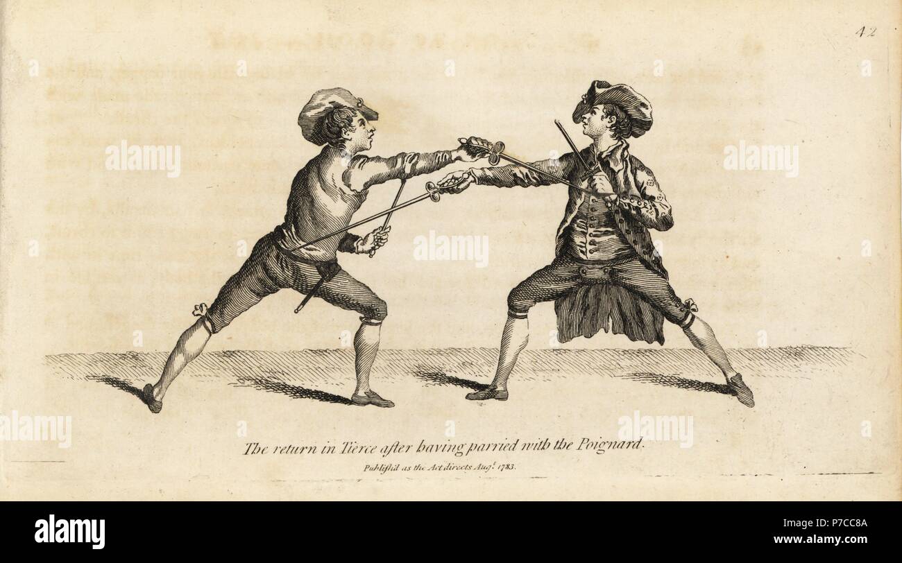 Gentleman fencer making the return thrust in Tierce after having ...