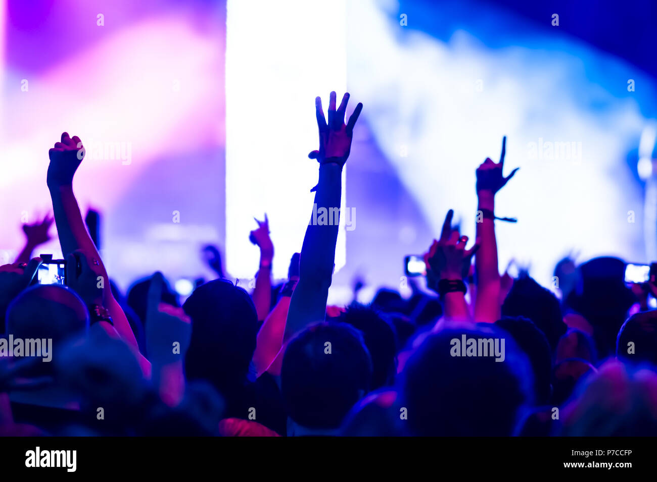 cheering crowd at rock concert in front of bright lights Stock Photo ...