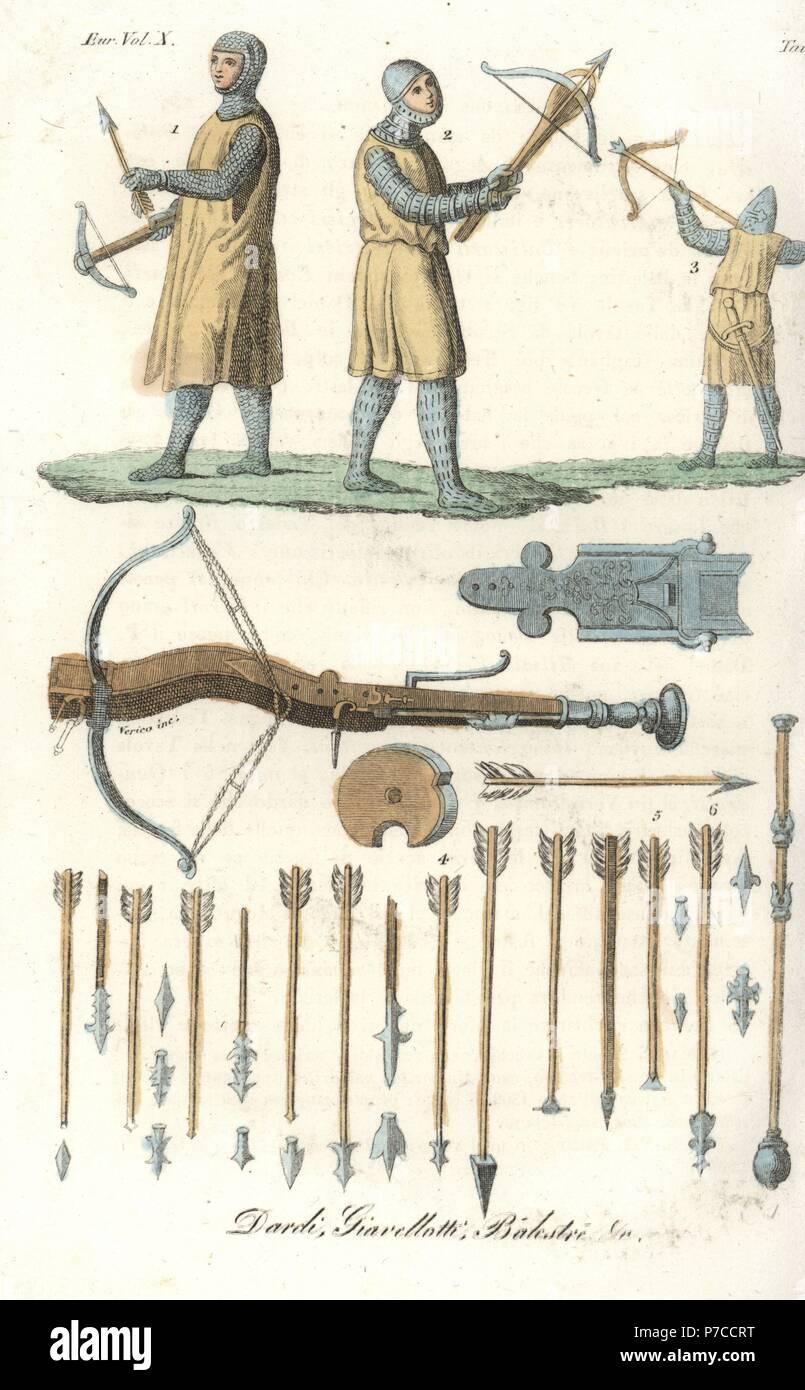 Medieval archers with crossbow and different types of arrows ...