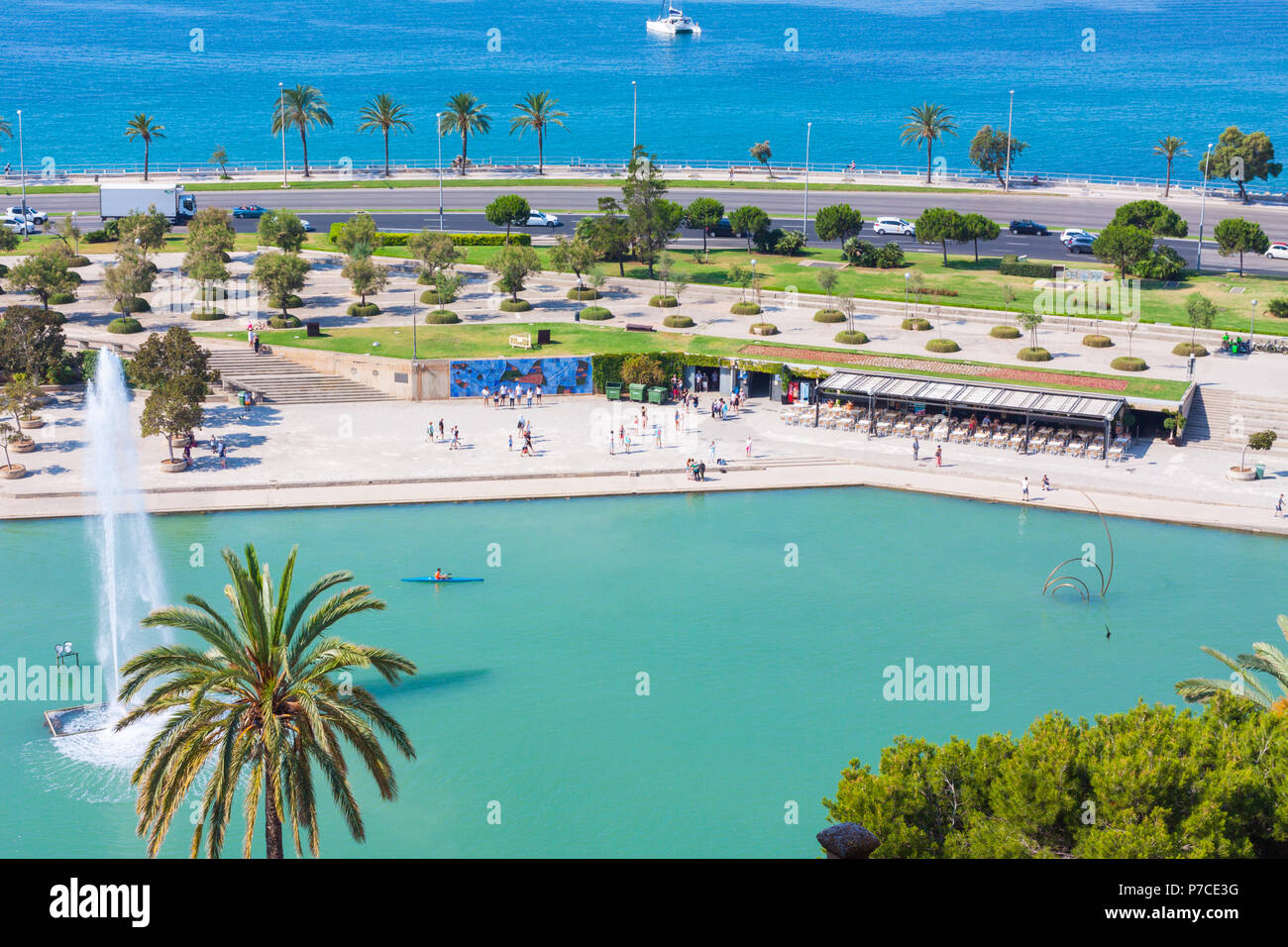 View of Parc de la Mar (Park of the Sea) with the sea in the background ...