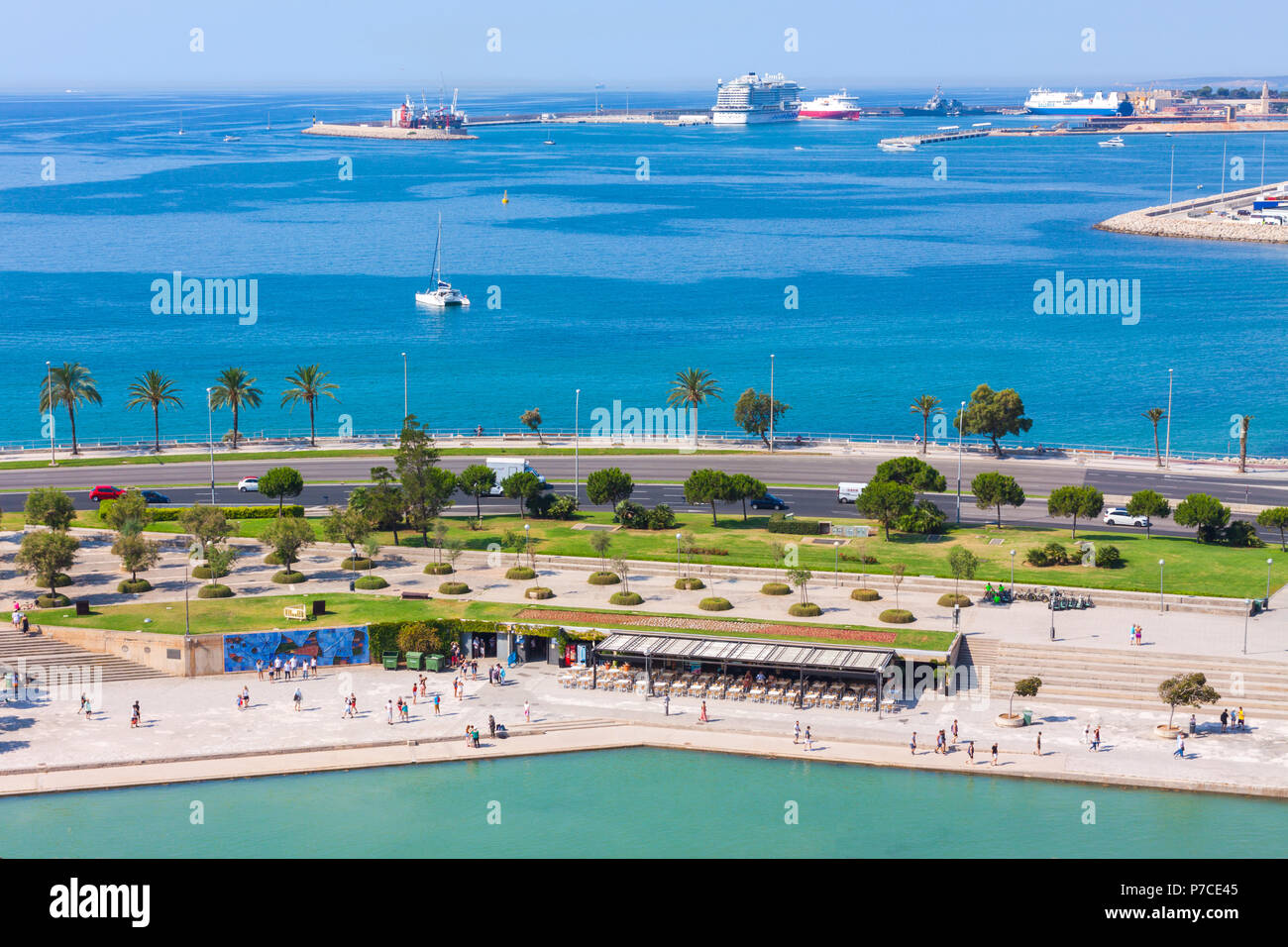 View of Parc de la Mar (Park of the Sea), the port and the sea from the ...