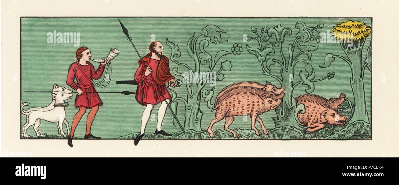 Men swine hunting in a surreal forest with spears, dogs and hunting ...