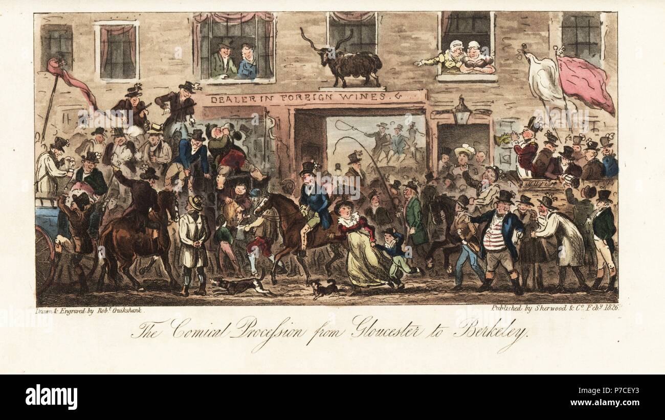 Regency gentlemen, farmers and peasants riding in a parade of coaches ...