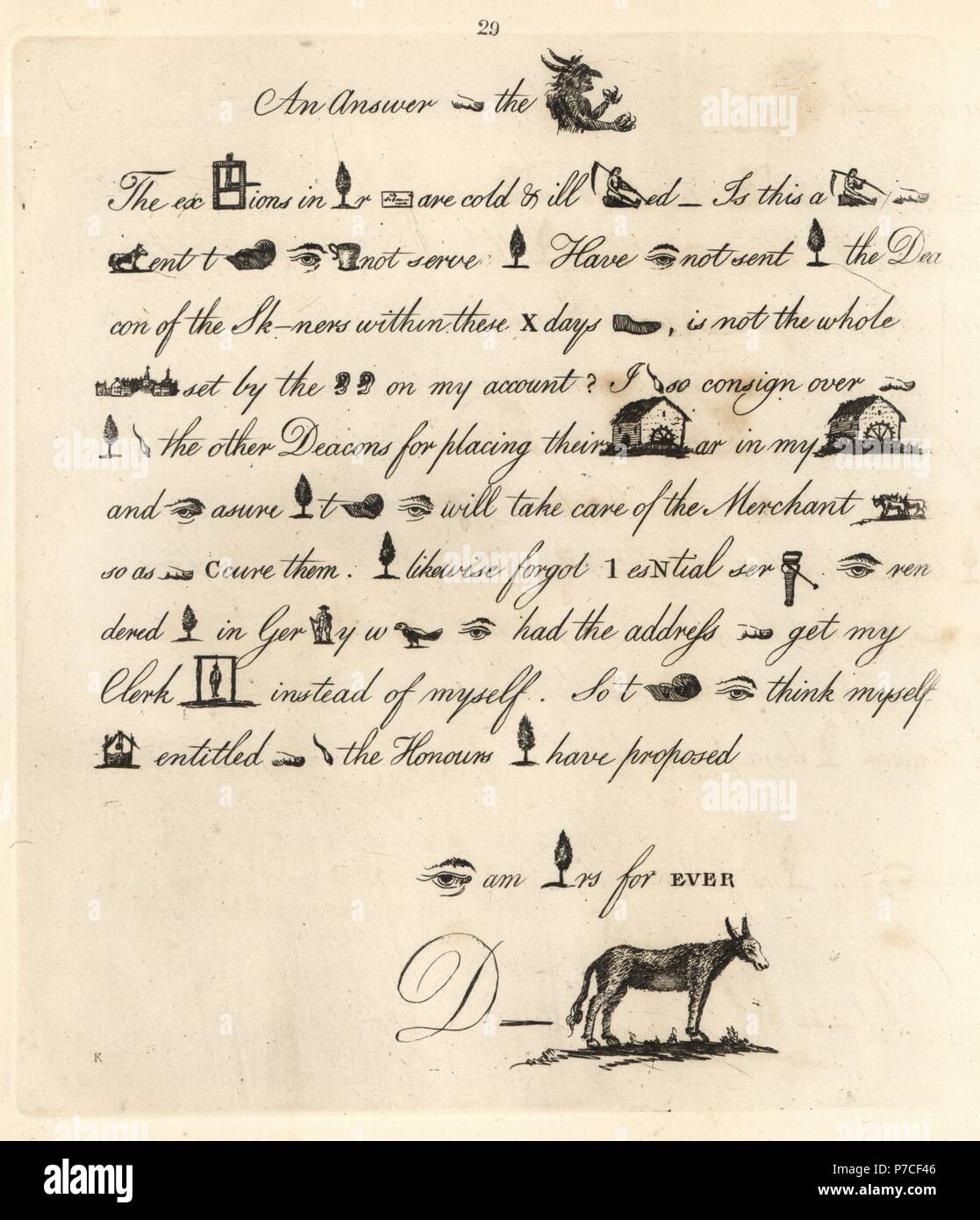 Hieroglyphic letter to the Devil from Duke Ass. Copperplate engraving ...