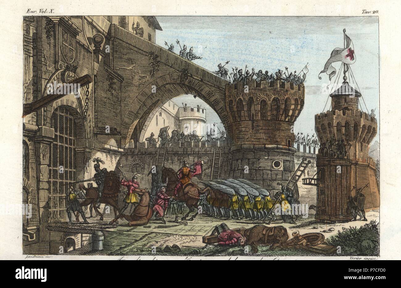 Assault with tower and testudo on a medieval castle portcullis ...