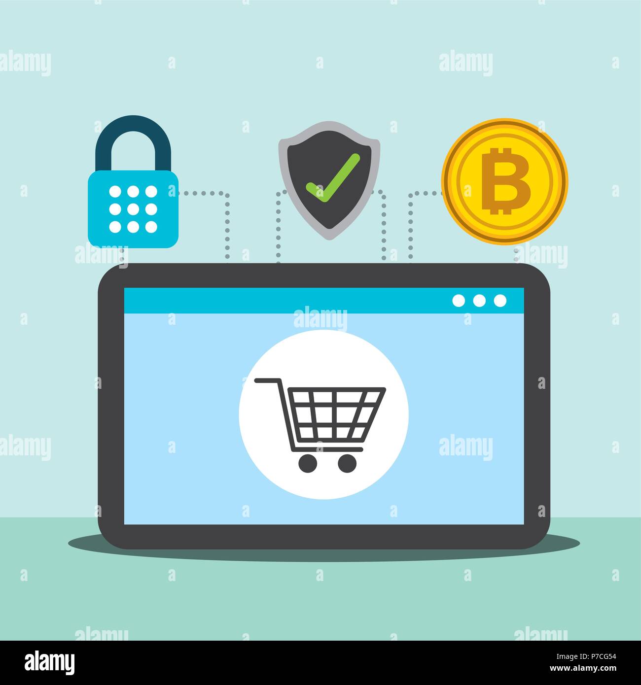 tablet computer online shopping payment bitcoin check mark security ...