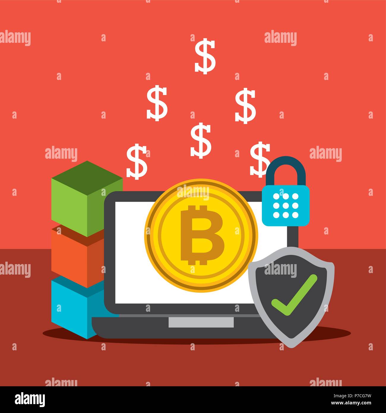laptop bitcoin security check mark blockchain vector illustration Stock ...