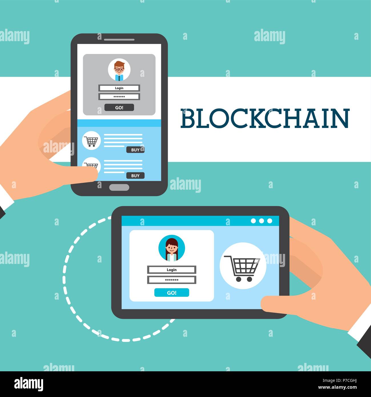 hands with devices website virtual wallet blockchain transfer vector ...