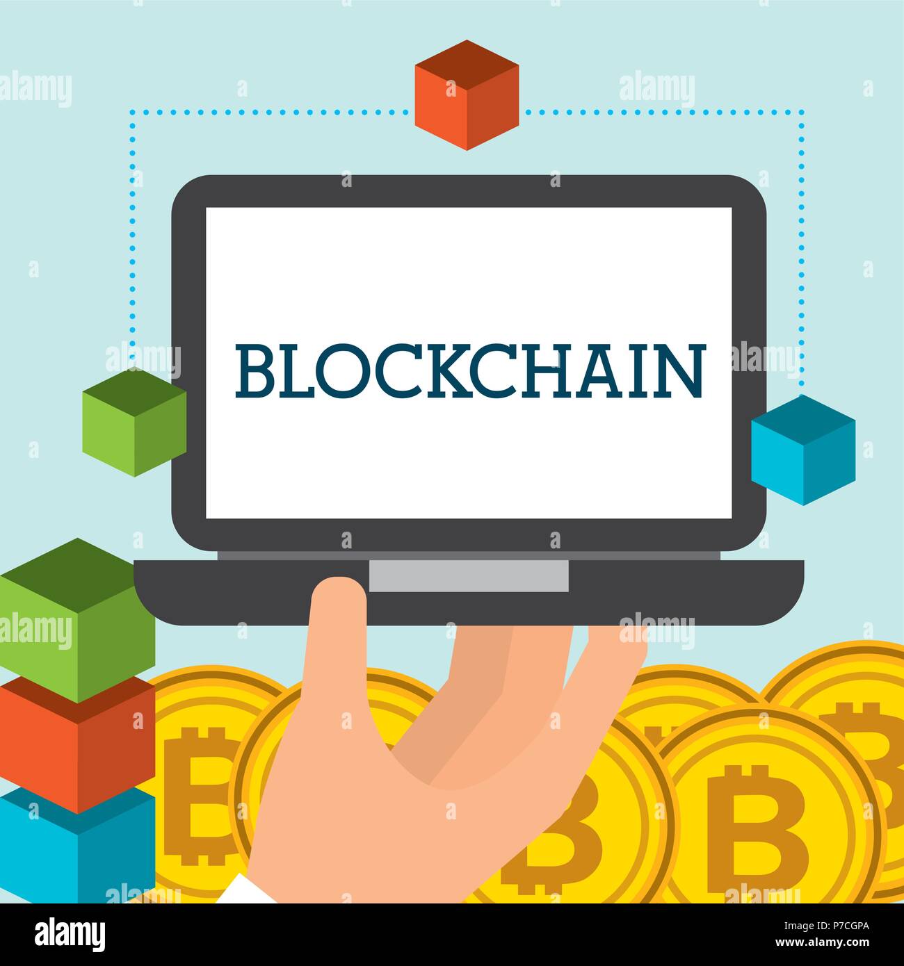 hand holding laptop bitcoins blockchain vector illustration Stock Vector Image & Art - Alamy