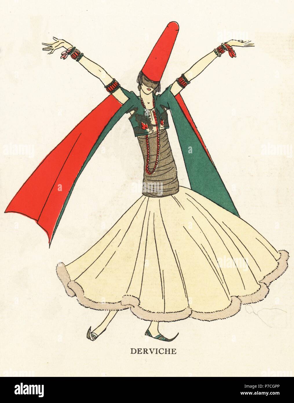 Woman in fancy dress costume as a whirling dervish. Handcolored pochoir ...