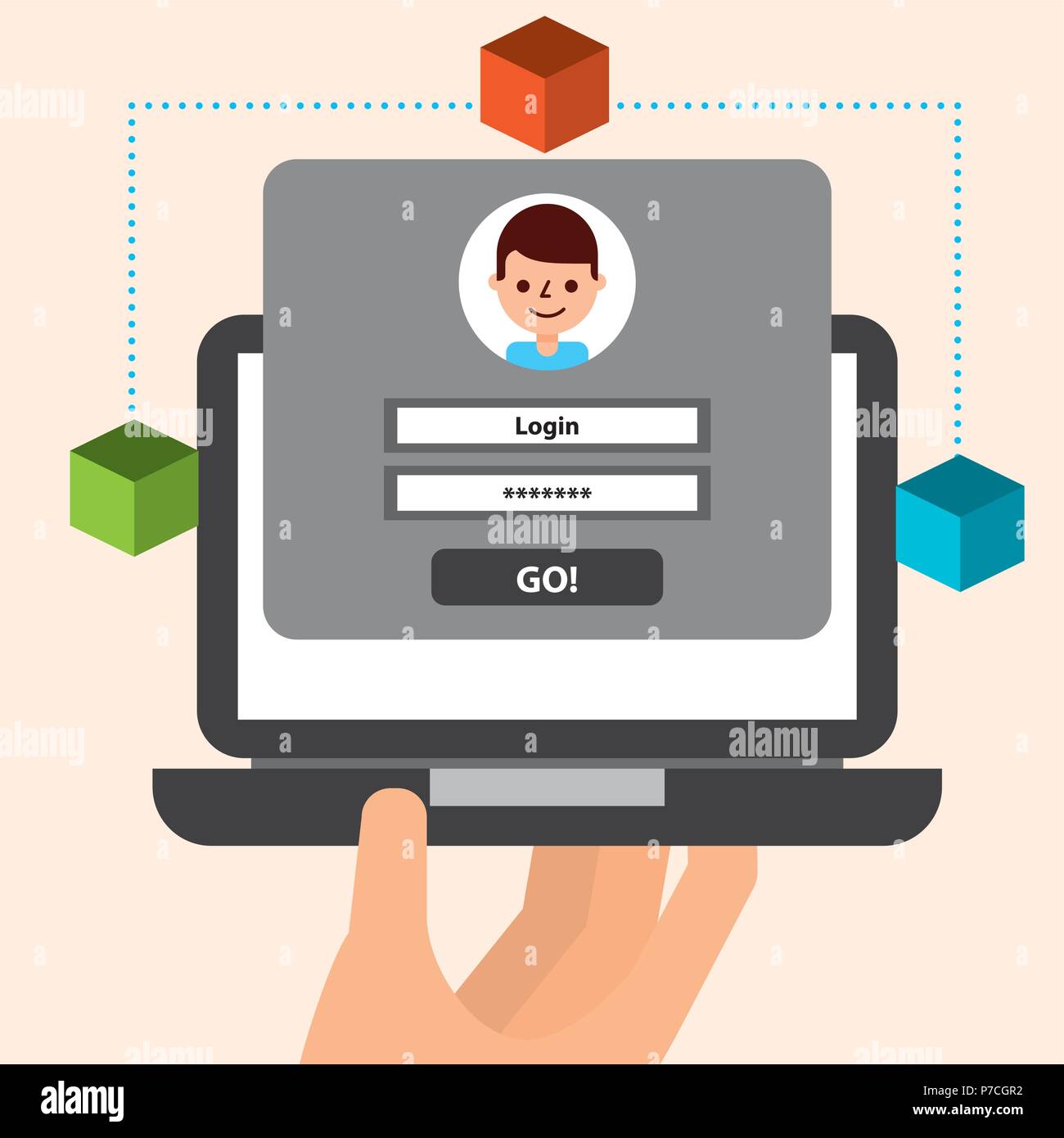 hand holding laptop website login blockchain vector illustration Stock ...