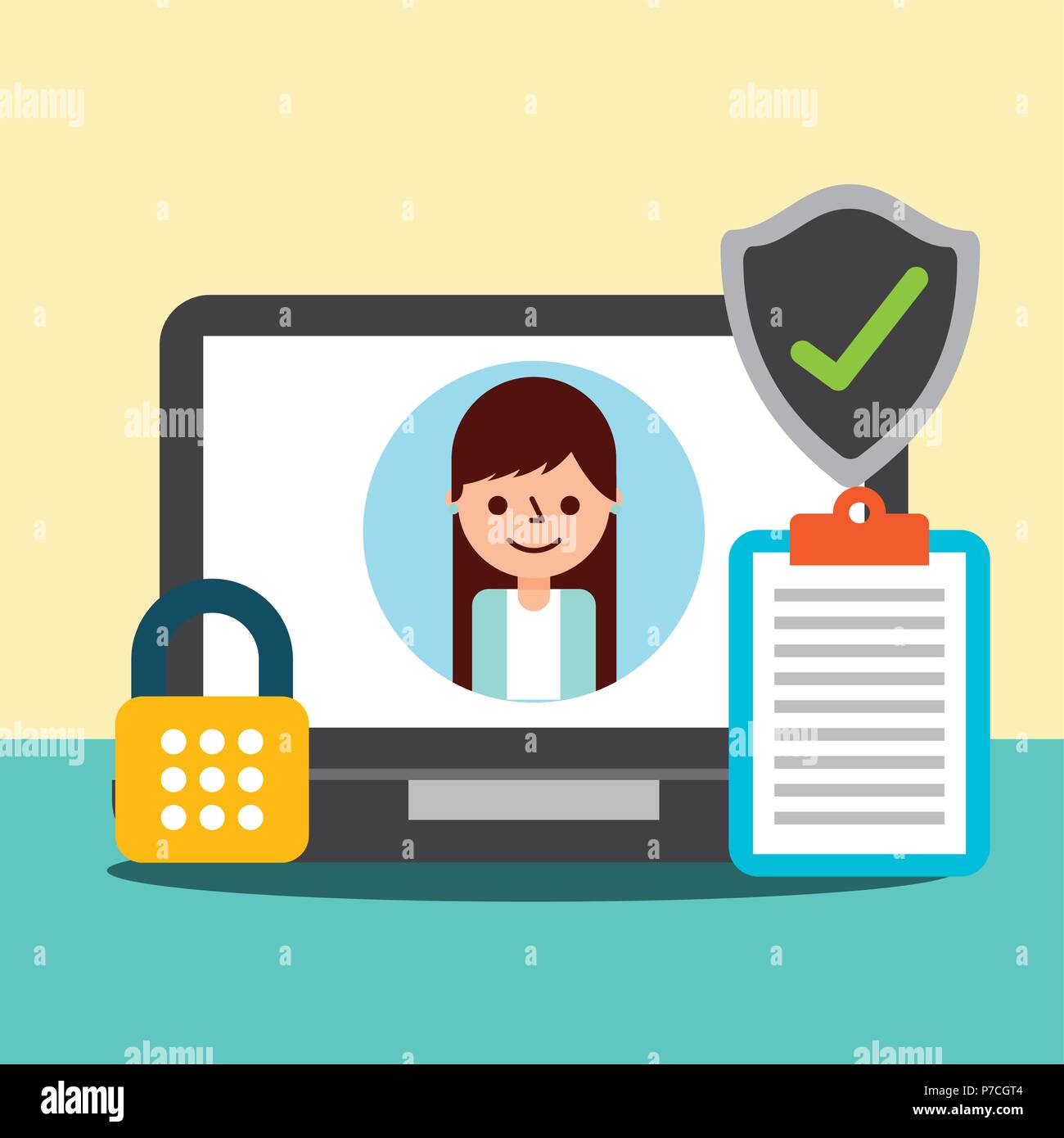 laptop woman clipboard cyber security check mark vector illustration ...