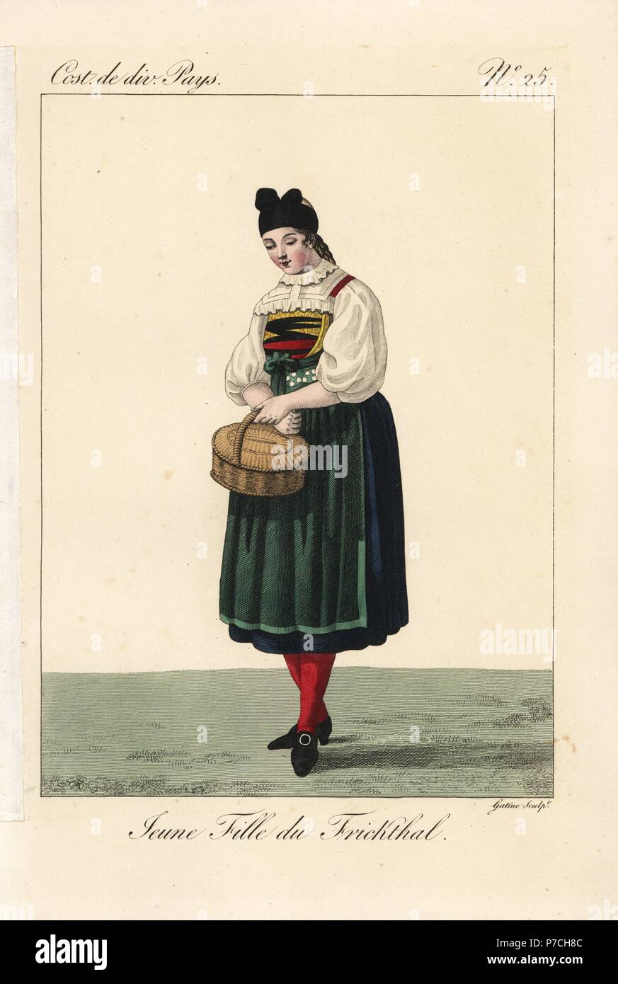 Young woman of Frick, Switzerland, 19th century. Her costume features ...
