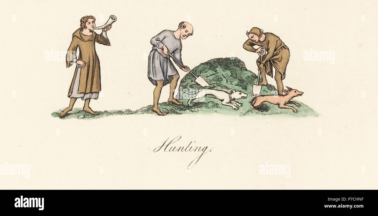 Men unearthing a fox with shovel, hunting dog and horn, 14th century ...