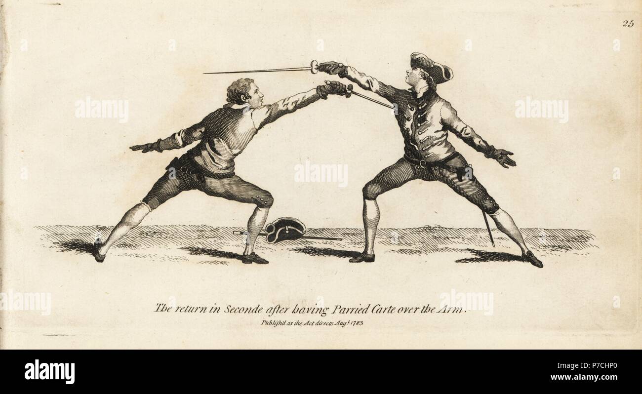 Gentleman fencer making the Seconde return thrust after parrying Carte ...