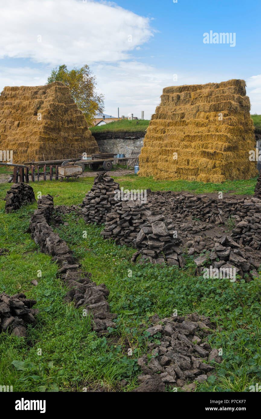 Haystack, peat and countryside house, Bokdajeni village, Georgia Stock ...