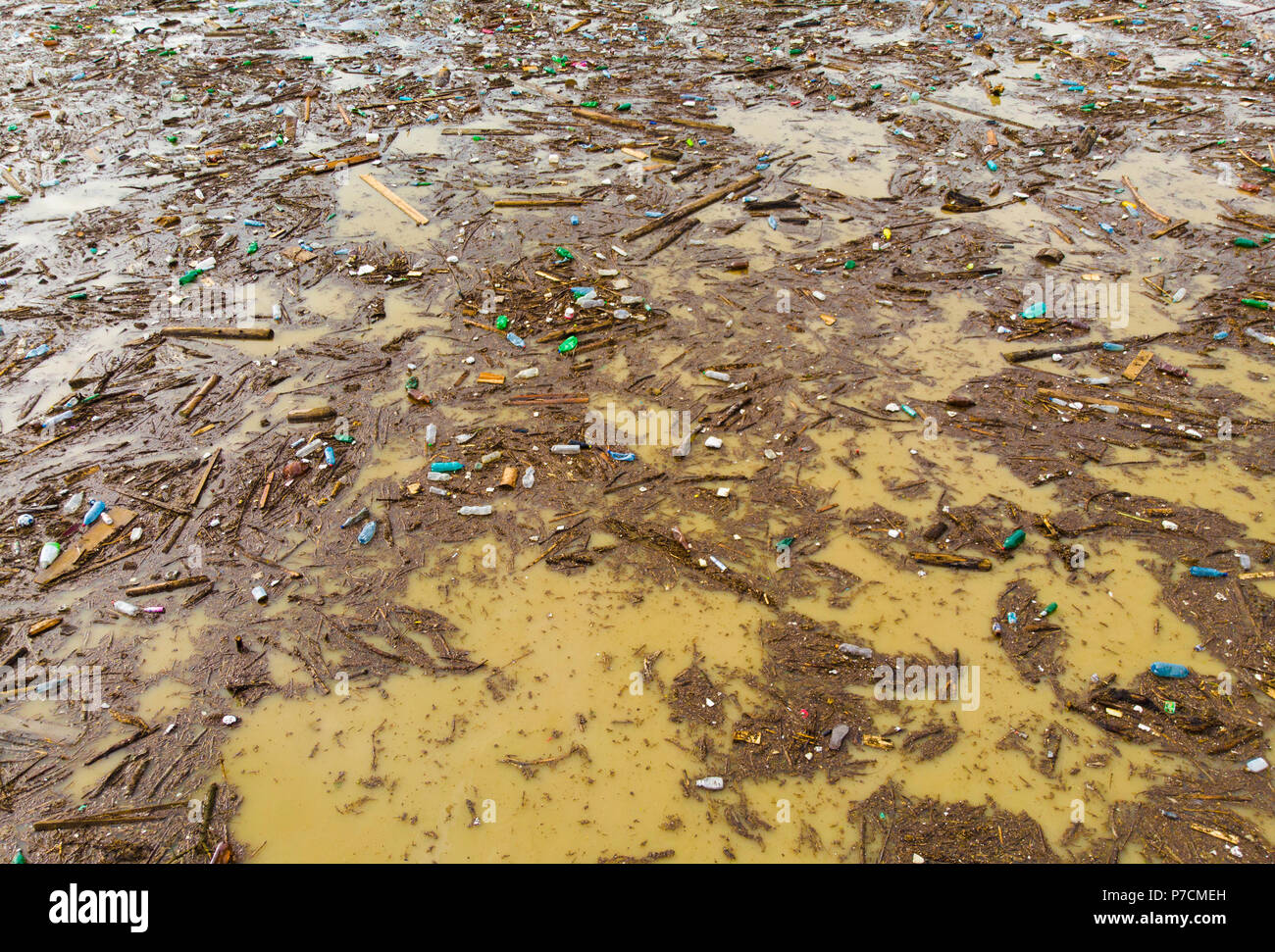 lake water pollution with plastic bags and dirt Stock Photo - Alamy
