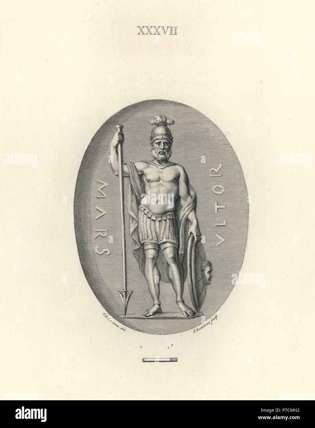 Mars, Roman god of war, standing with helmet, spear, shield, cloak and ...