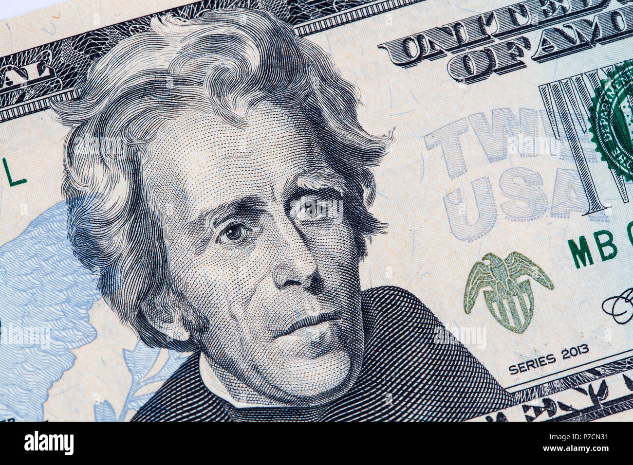 Closeup of Andrew Jackson portrait in perspective on 20 US dollar bill ...
