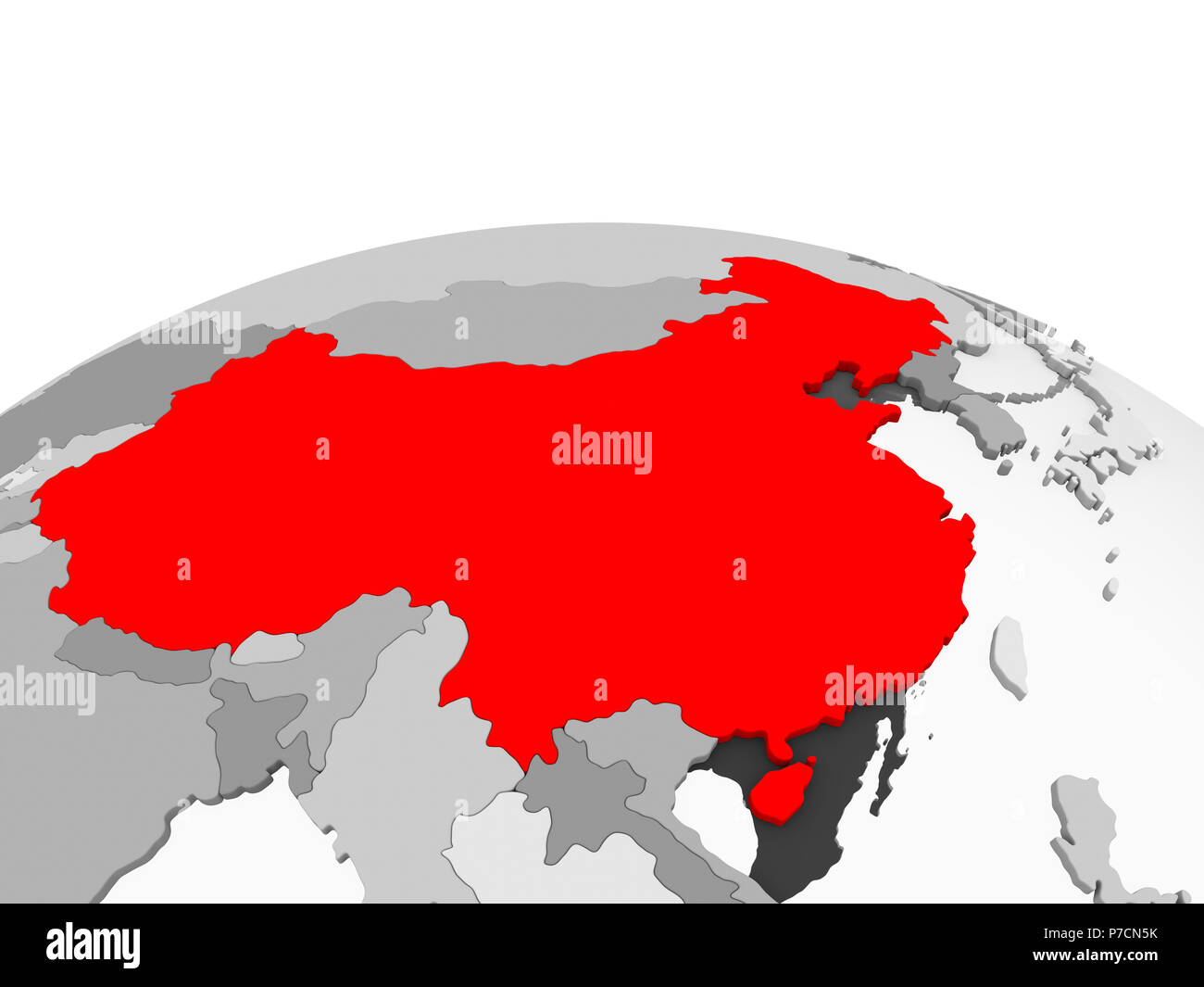 China in red on grey model of political globe with transparent oceans ...