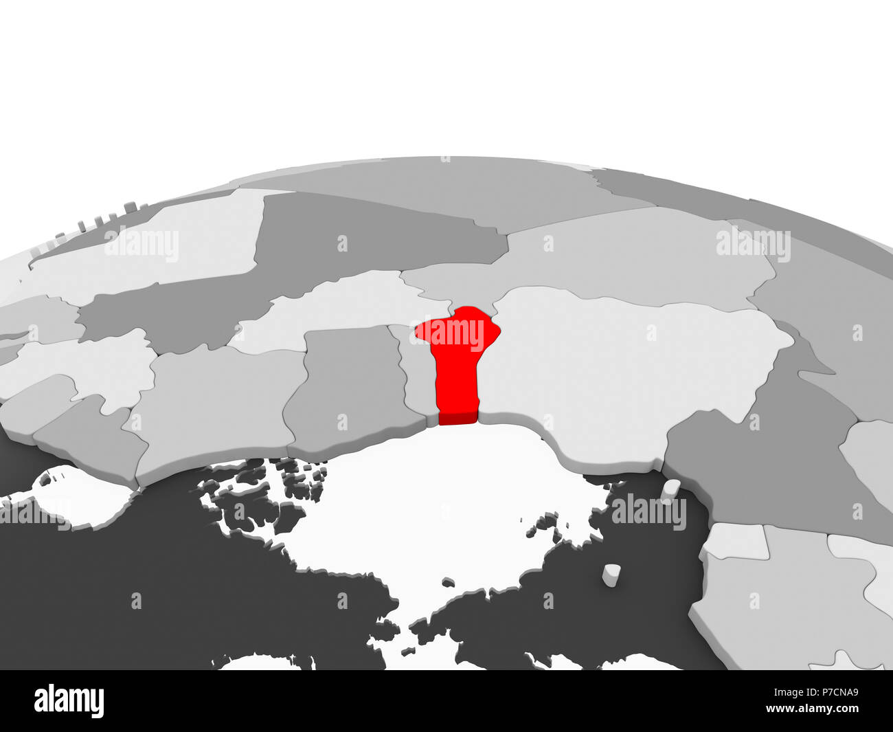 Benin in red on grey model of political globe with transparent oceans ...