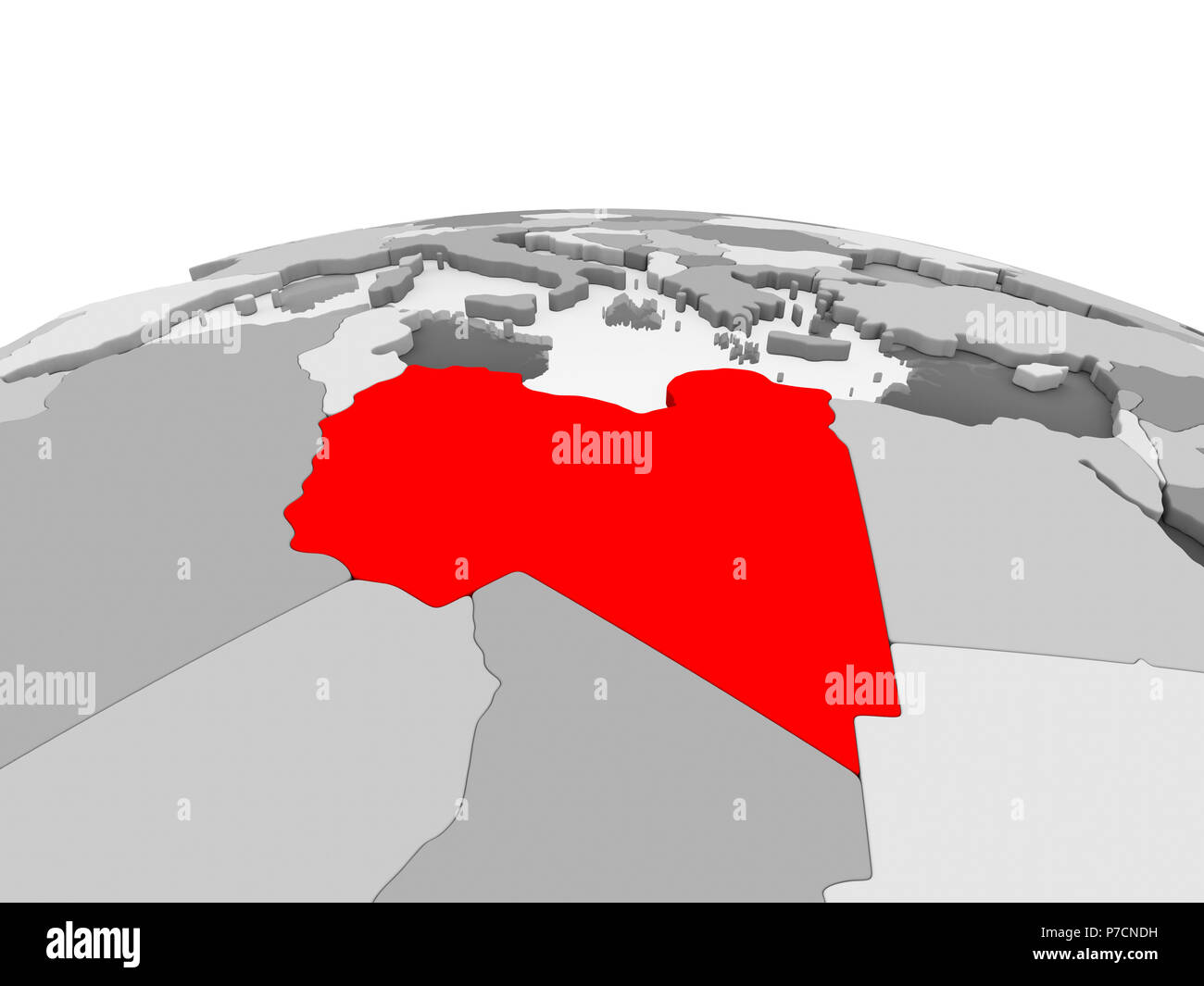 Libya in red on grey model of political globe with transparent oceans ...
