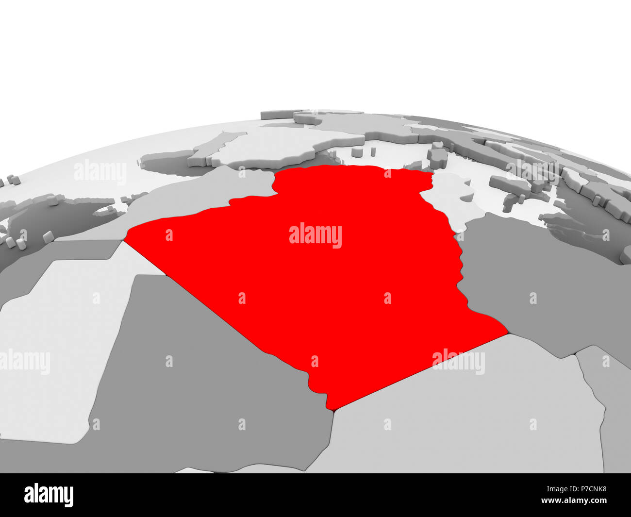 Algeria in red on grey model of political globe with transparent oceans ...