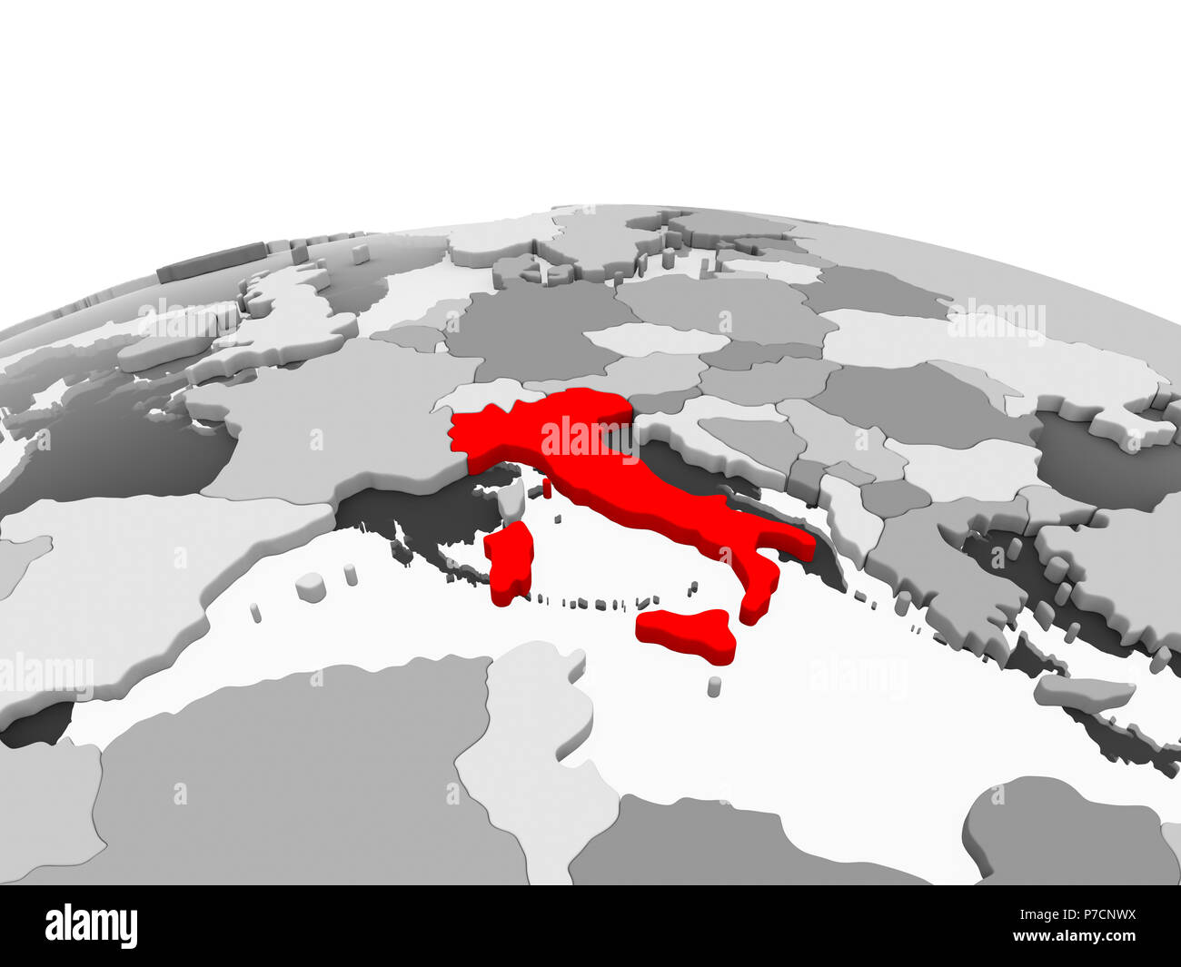 Italy in red on grey model of political globe with transparent oceans ...